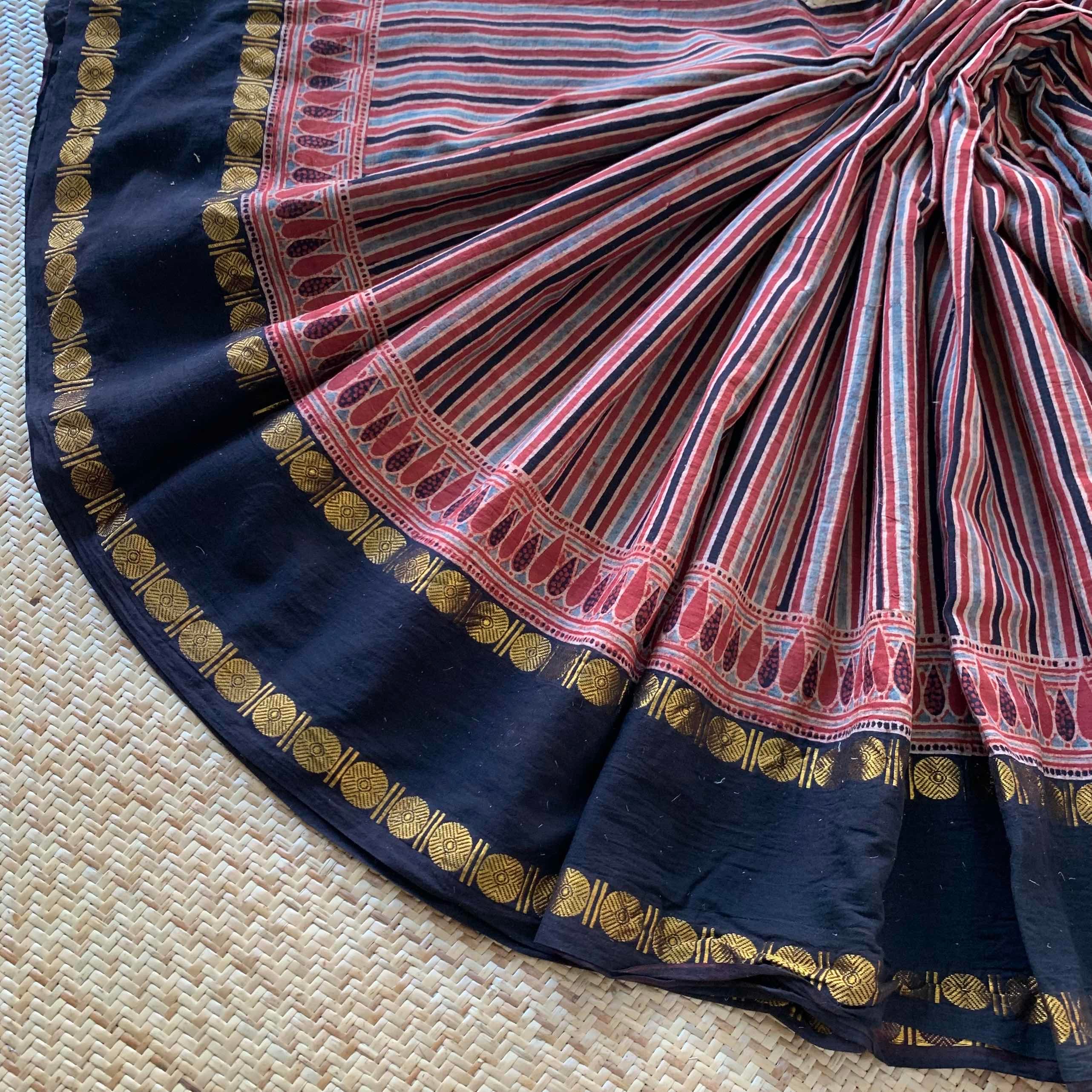 Ajrak Hand Block Print On Madurai Cotton saree – villvam